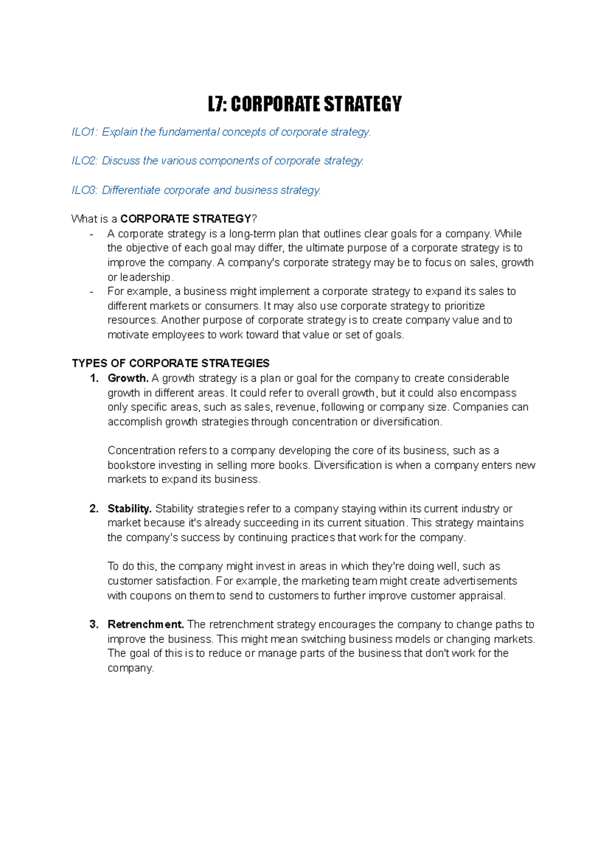 Corporate Strategy - L7: CORPORATE STRATEGY ILO1: Explain the ...