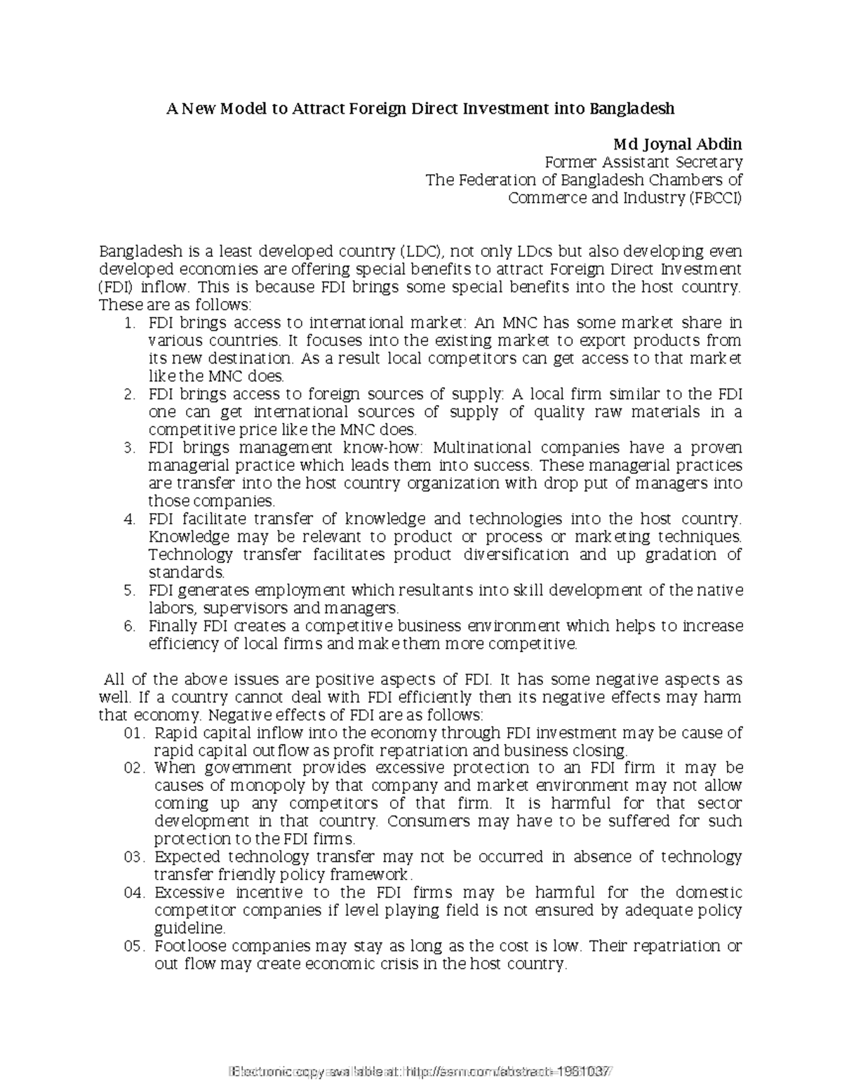 Attracting fdi on bd - Electronic copy available at: ssrn/abstract= A ...