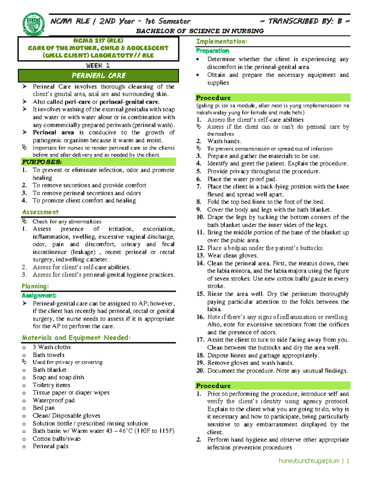 NCMA-RLE 1ST-SEM - ncma rle notes - NCMA RLE | 2ND Year – 1 st Semester ...