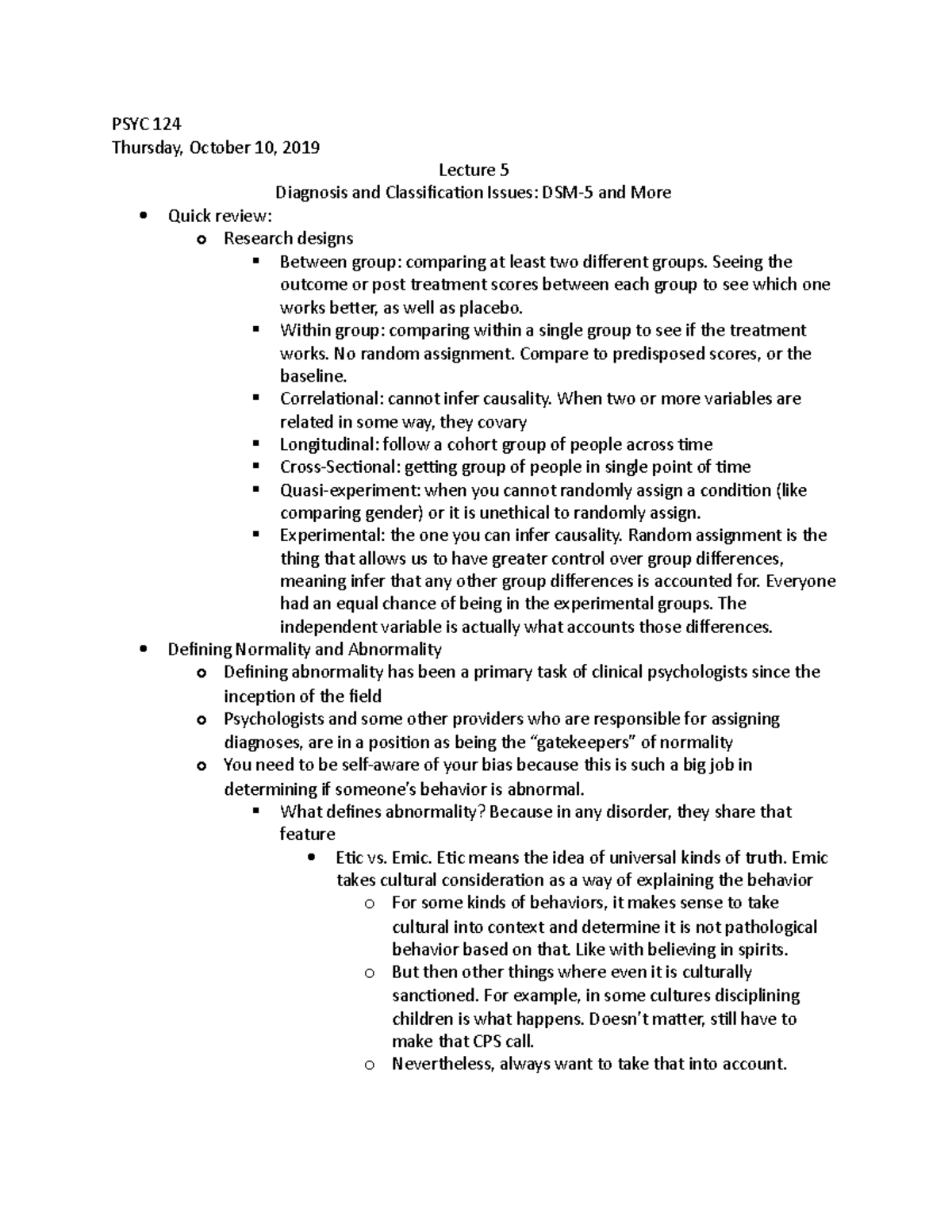 PSYC 124 Lecture 5 - PSYC 124 Thursday, October 10, 2019 Lecture 5 Diagnosis and Classification ...