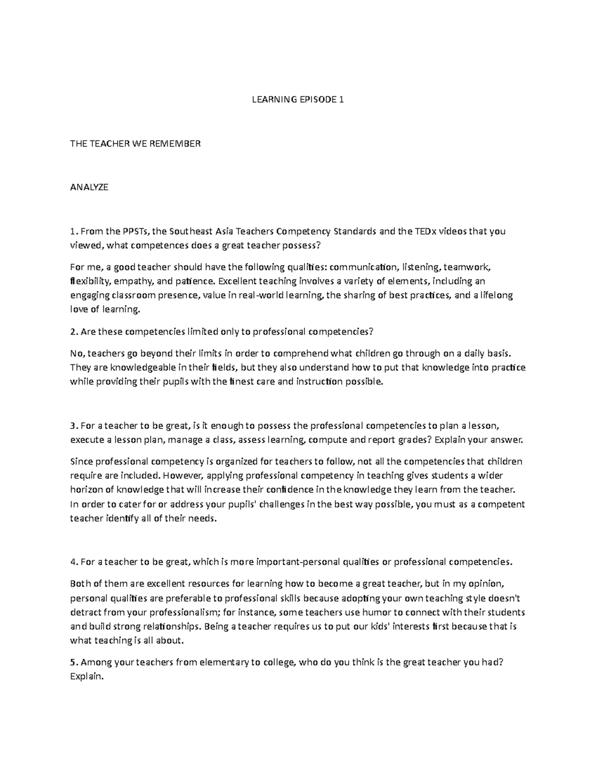 Learning Episode 1 - LEARNING EPISODE 1 THE TEACHER WE REMEMBER ANALYZE ...