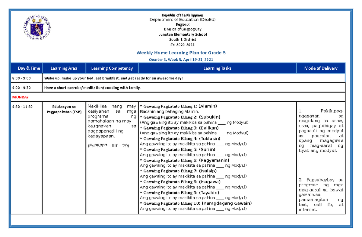 Grade 5 ALL Subjects WHLP Q3 W5 - Weekly Home Learning Plan for Grade 5 ...