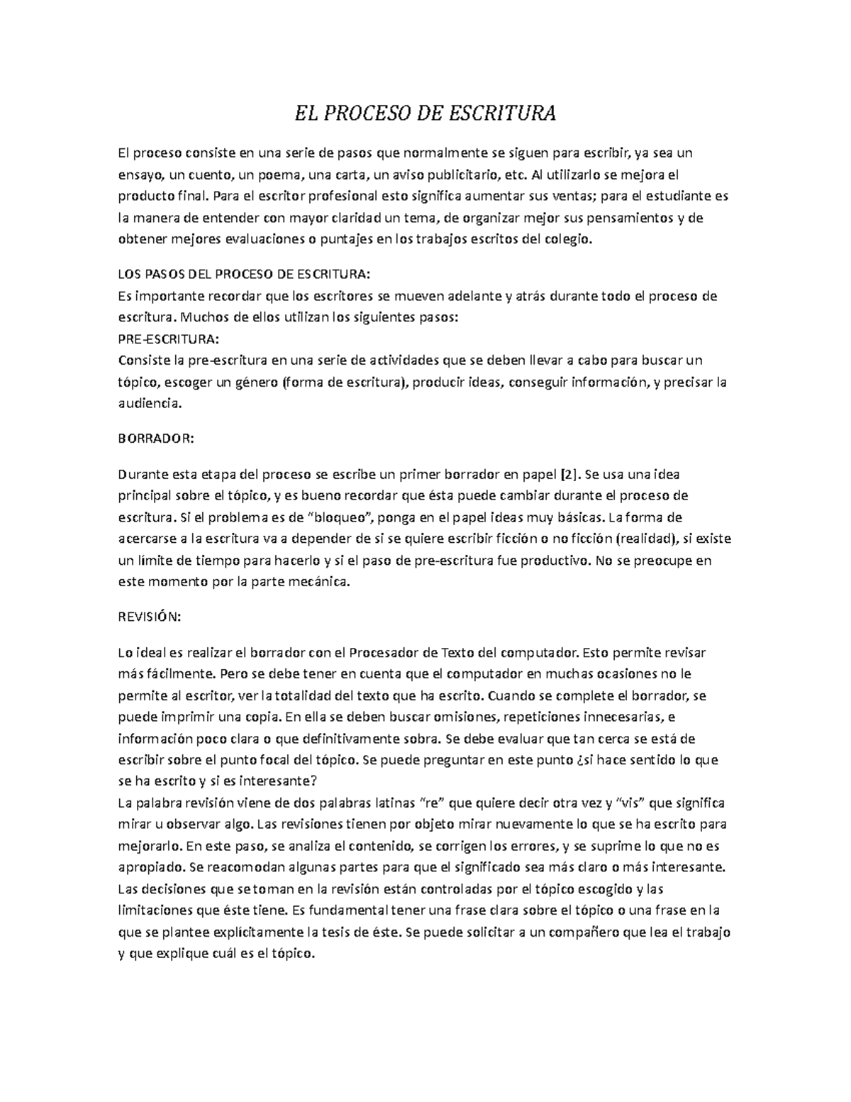 EL Proceso DE Escritura - EL PROCESO DE ESCRITURA El proceso consiste ...