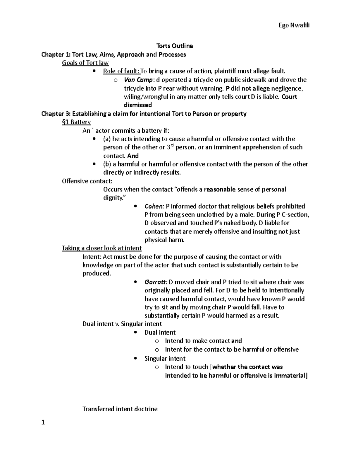 Torts Outline - Torts Outline Chapter 1: Tort Law, Aims, Approach and ...