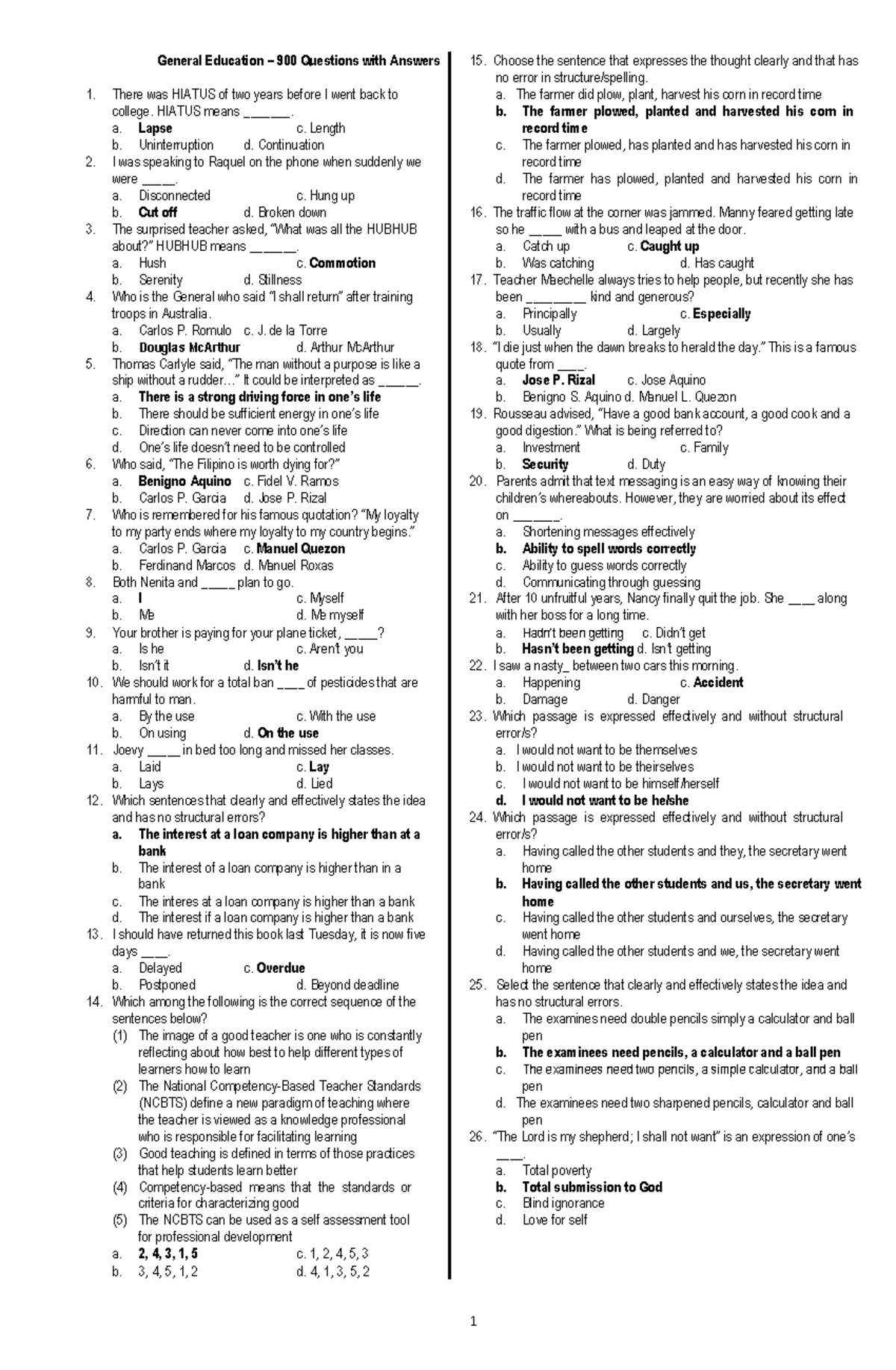 900-Gen Ed - LET REVIEW Questions - General Education – 900 Questions ...