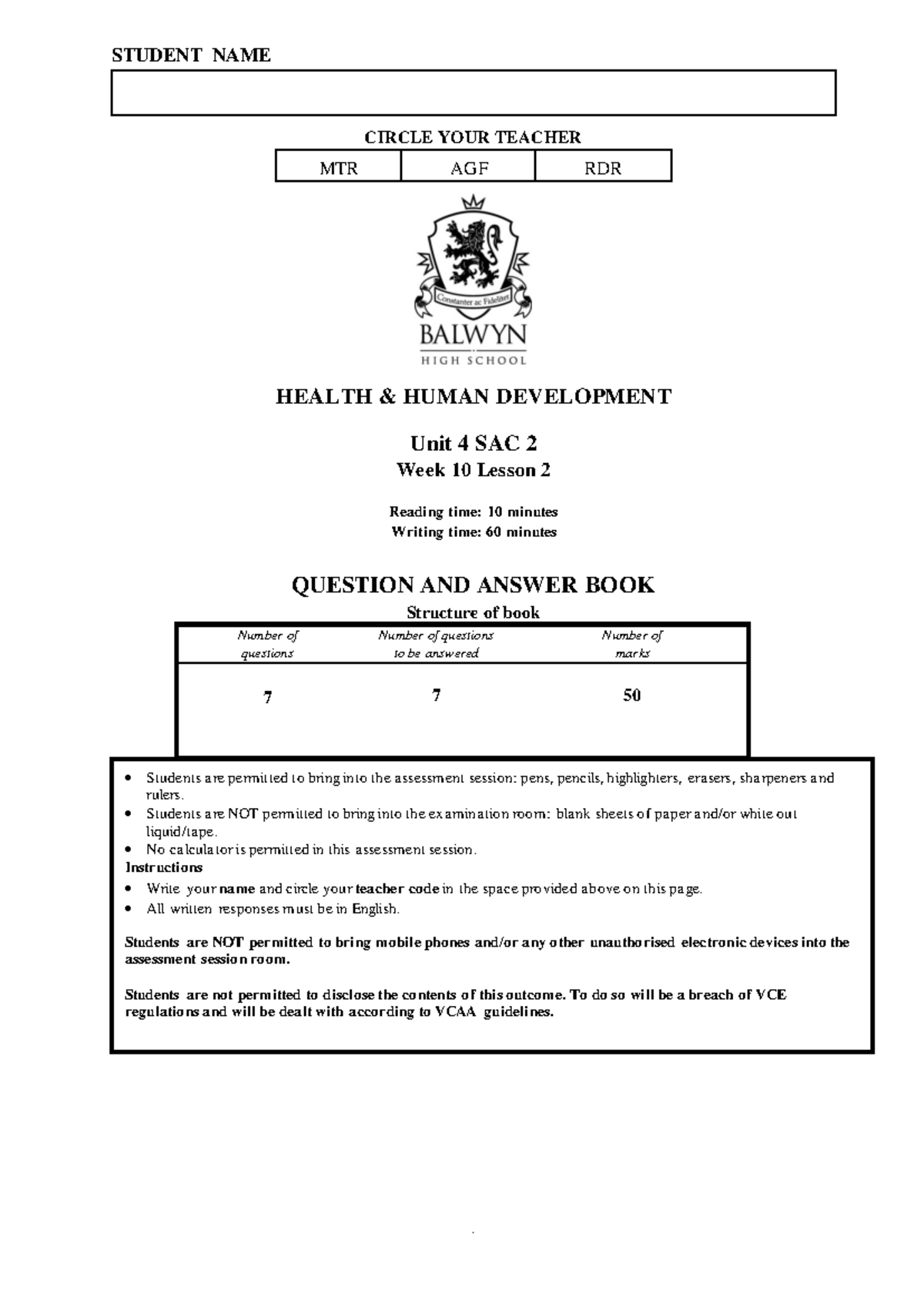 Request - hhd - STUDENT NAME CIRCLE YOUR TEACHER MTR AGF RDR HEALTH ...