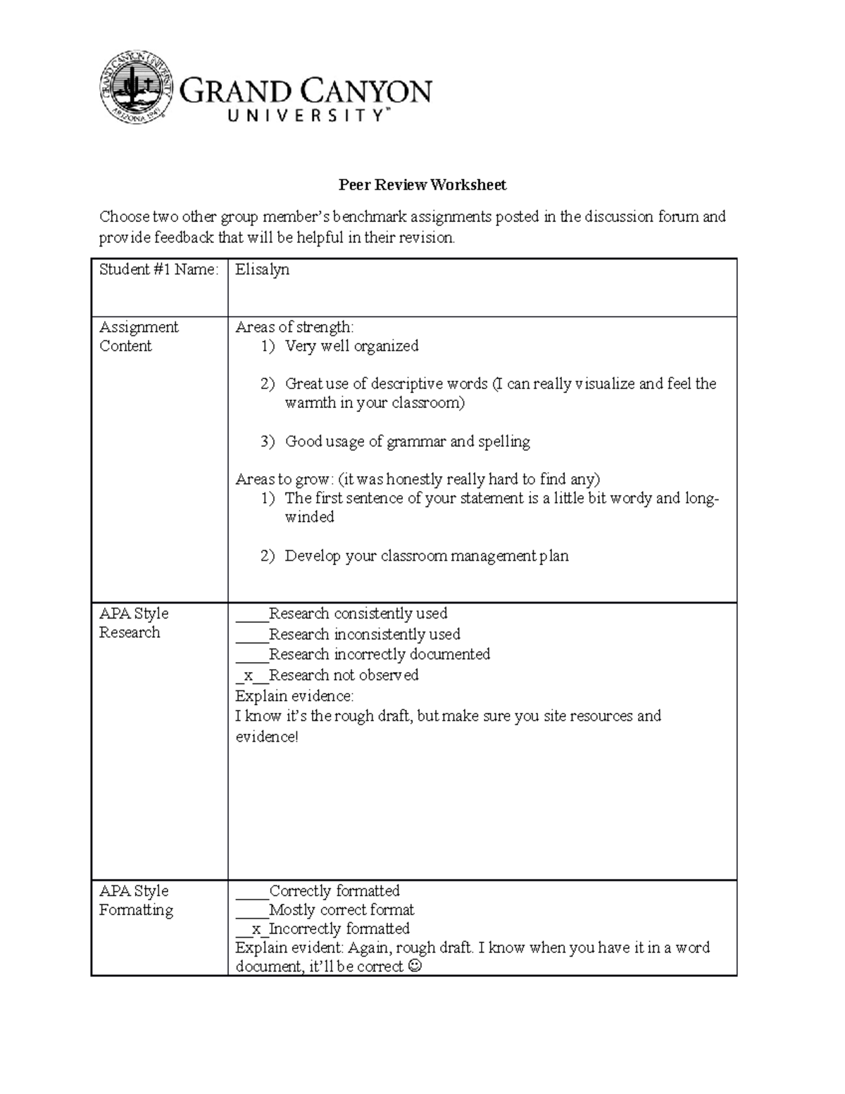 Elisalyn Peer Review for the class management assignment - EDU-210 ...