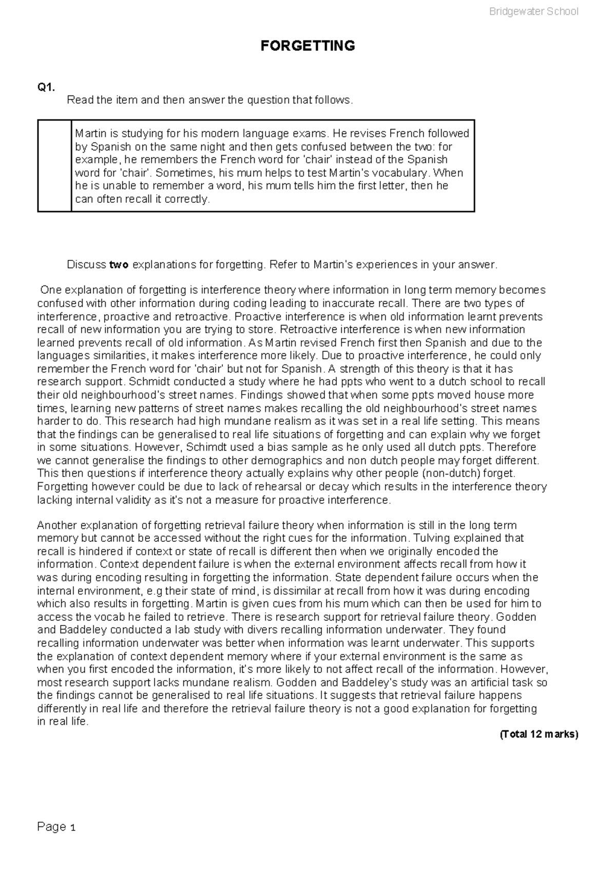 Forgetting 12 marker MEMORY - FORGETTING Q1. Read the item and then ...