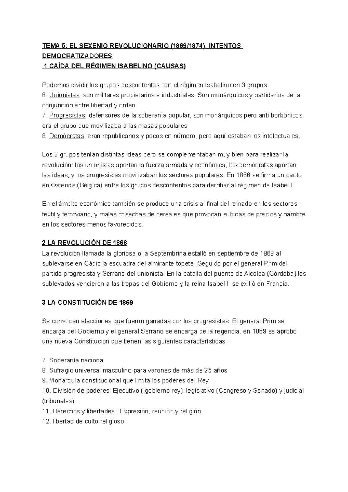 TEMA 5 EL Sexenio Revolucionario (1869 1874) - TEMA 5: EL SEXENIO REVOLUCIONARIO (1869/1874 ...
