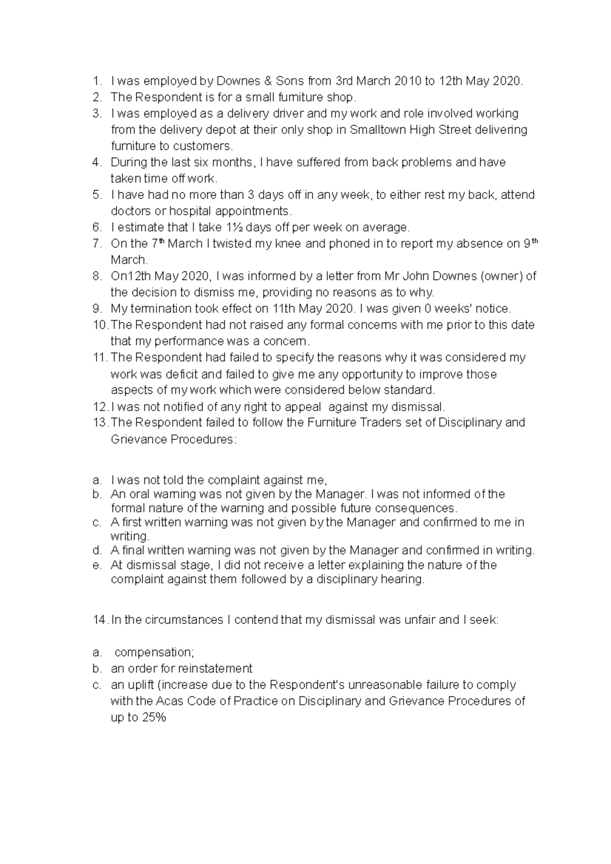 Et1 - ET1 document/form - I was employed by Downes & Sons from 3rd ...