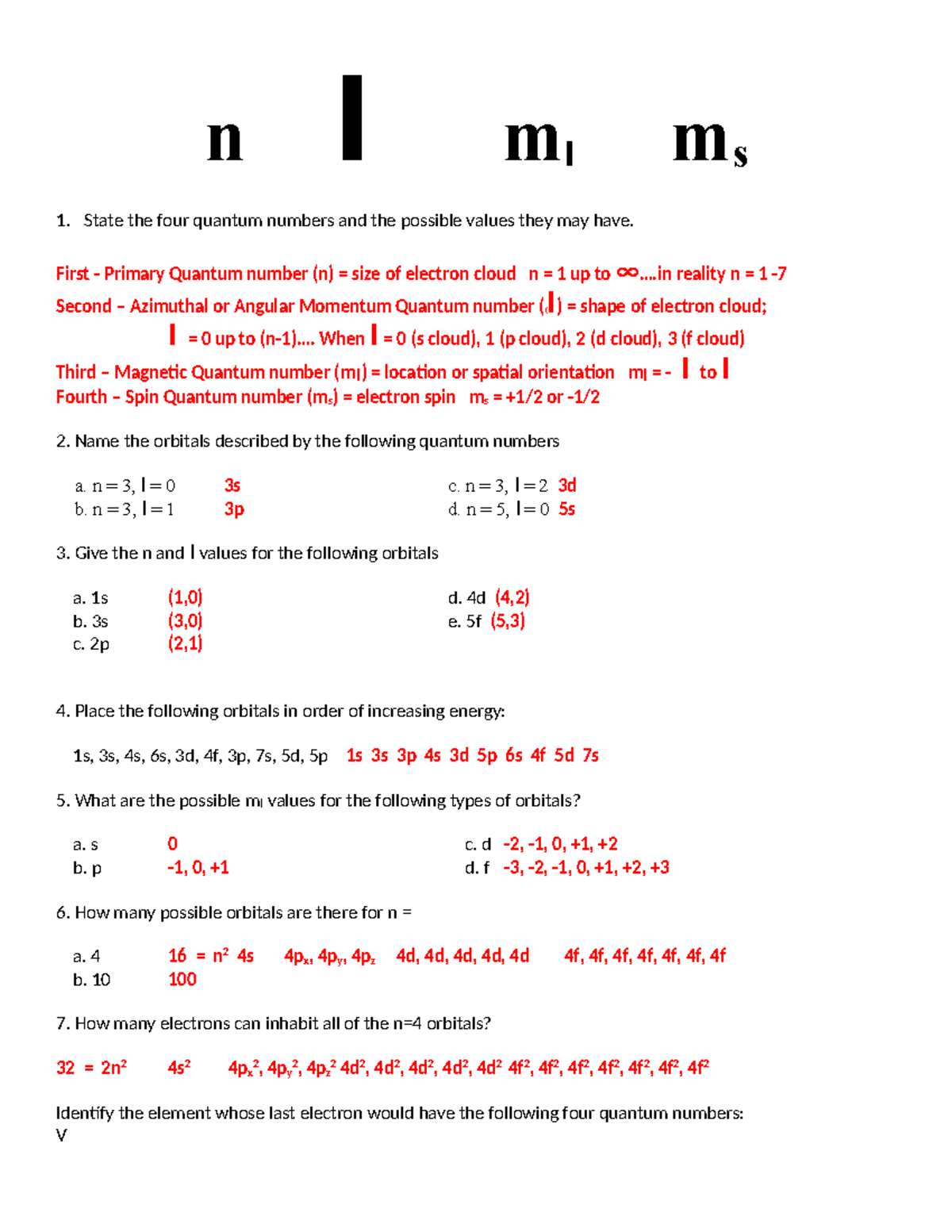1.5.1- Quantum Numbers Worksheet KEY - n l ml ms State the four quantum ...