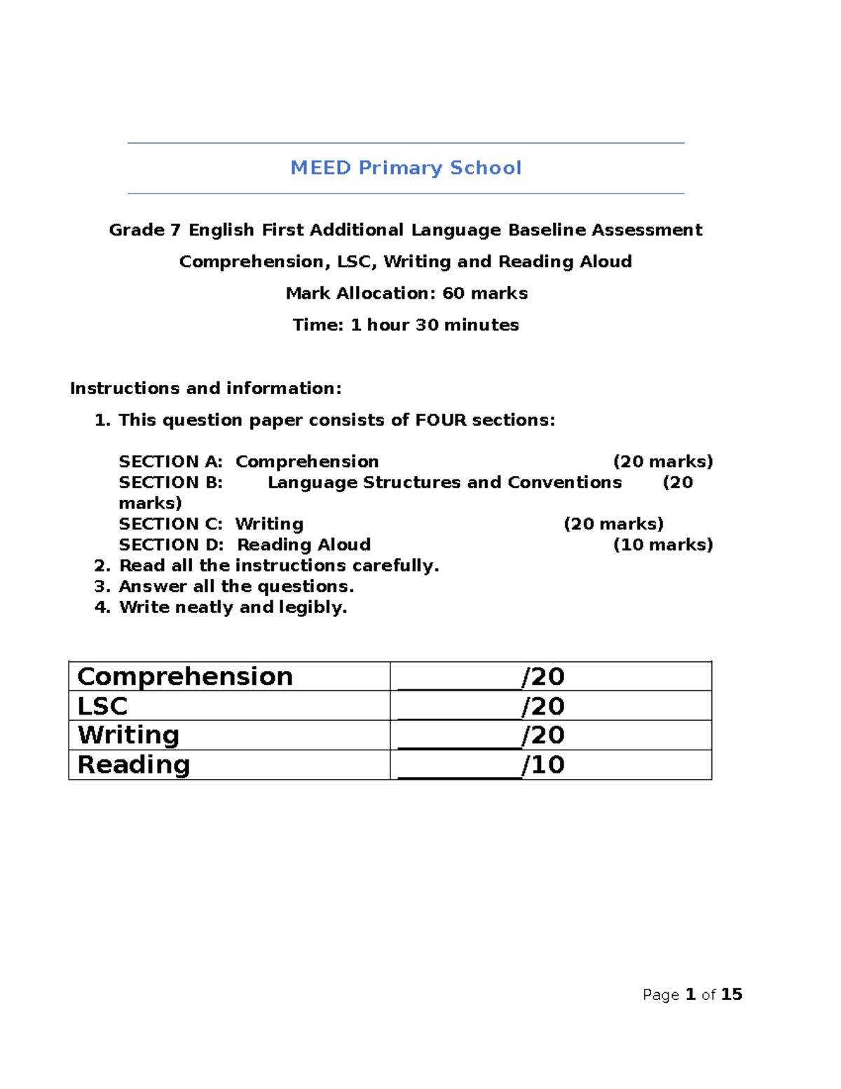 Marking Guideline - MEED Primary School Grade 7 English First ...
