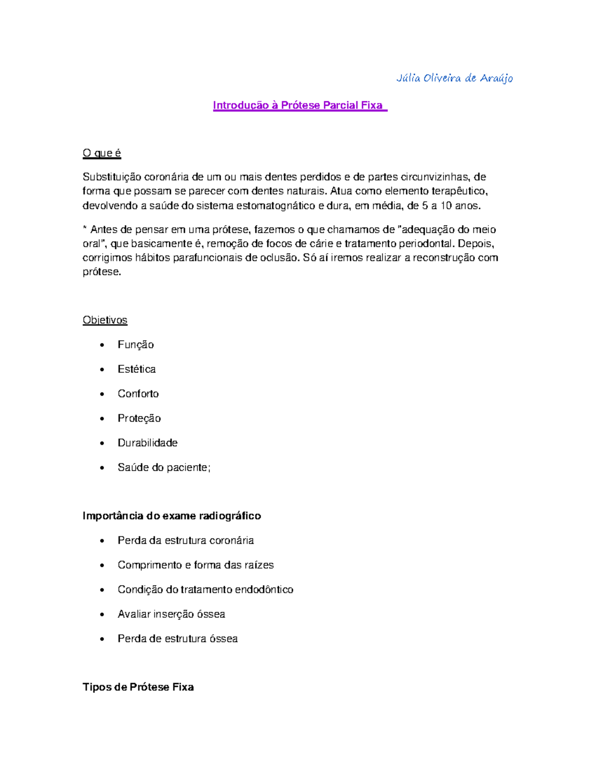 Introdução à PPF - Resumo protese fixa - Júlia Oliveira de Araújo ...
