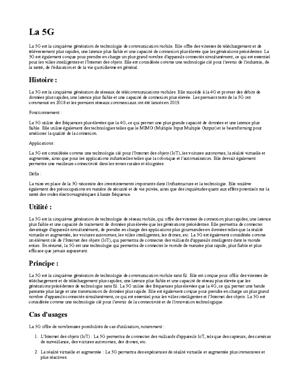 La 5G - resumé - La 5G La 5G est la cinquième génération de technologie ...