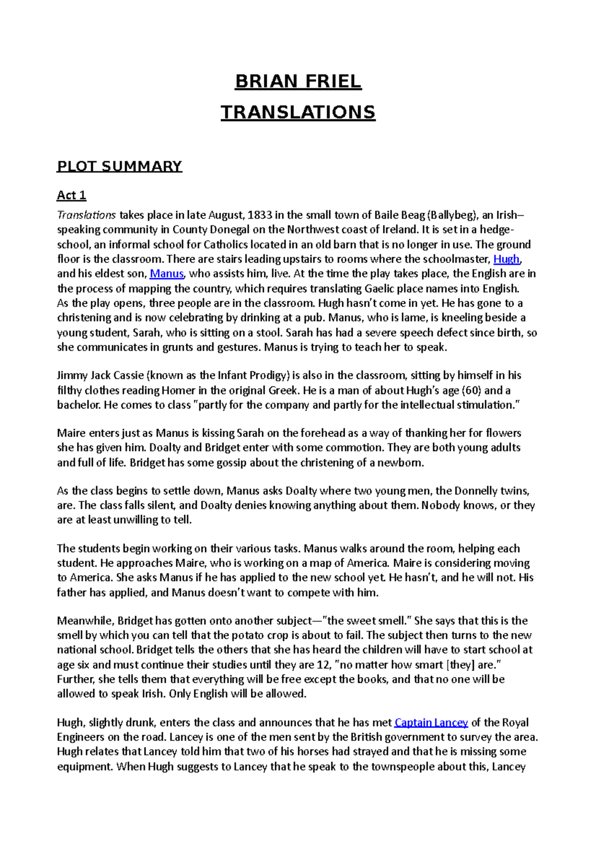 Brian Friel- Translations - BRIAN FRIEL TRANSLATIONS PLOT SUMMARY Act 1 ...
