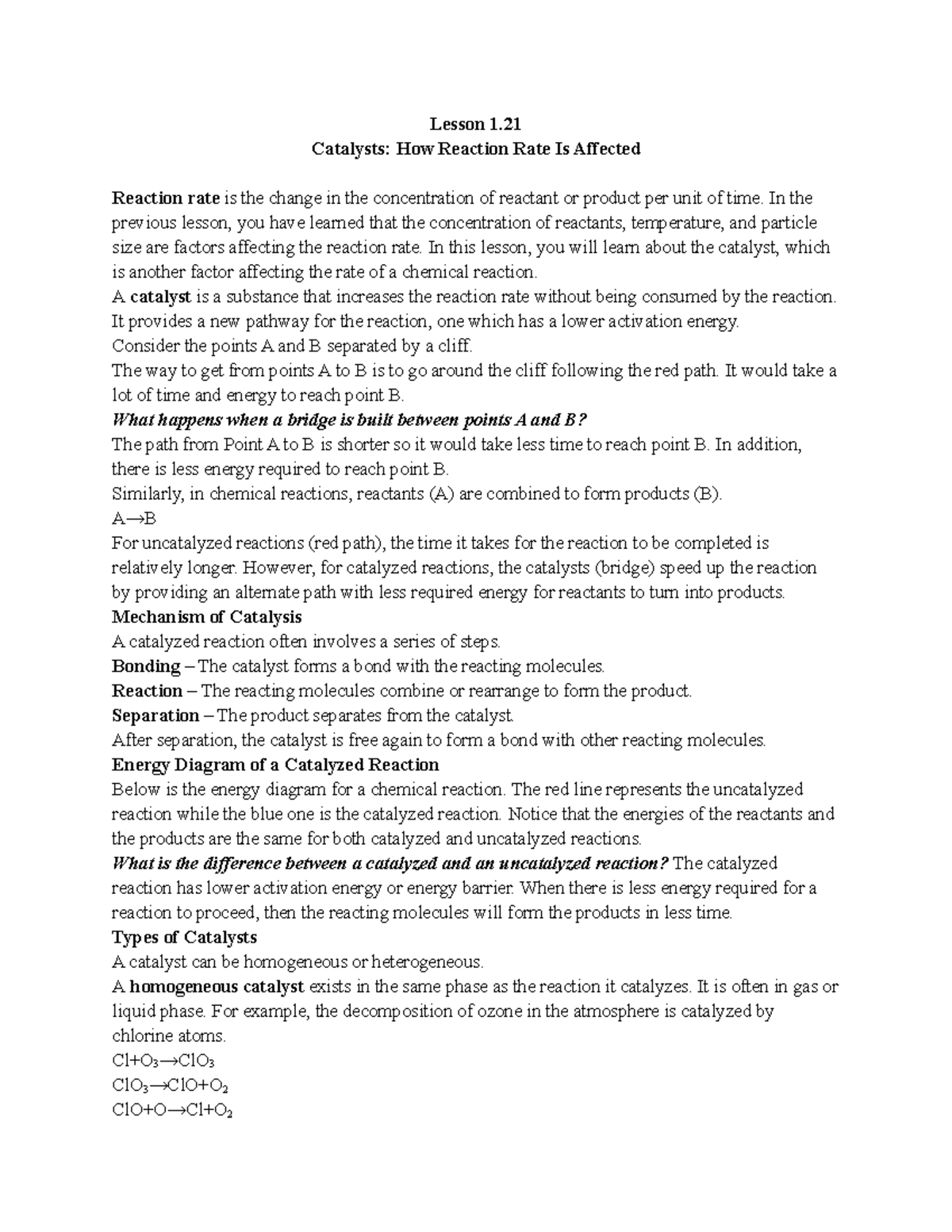 Catalysts(How Reaction Rate Is Affected) - Lesson 1. Catalysts: How ...