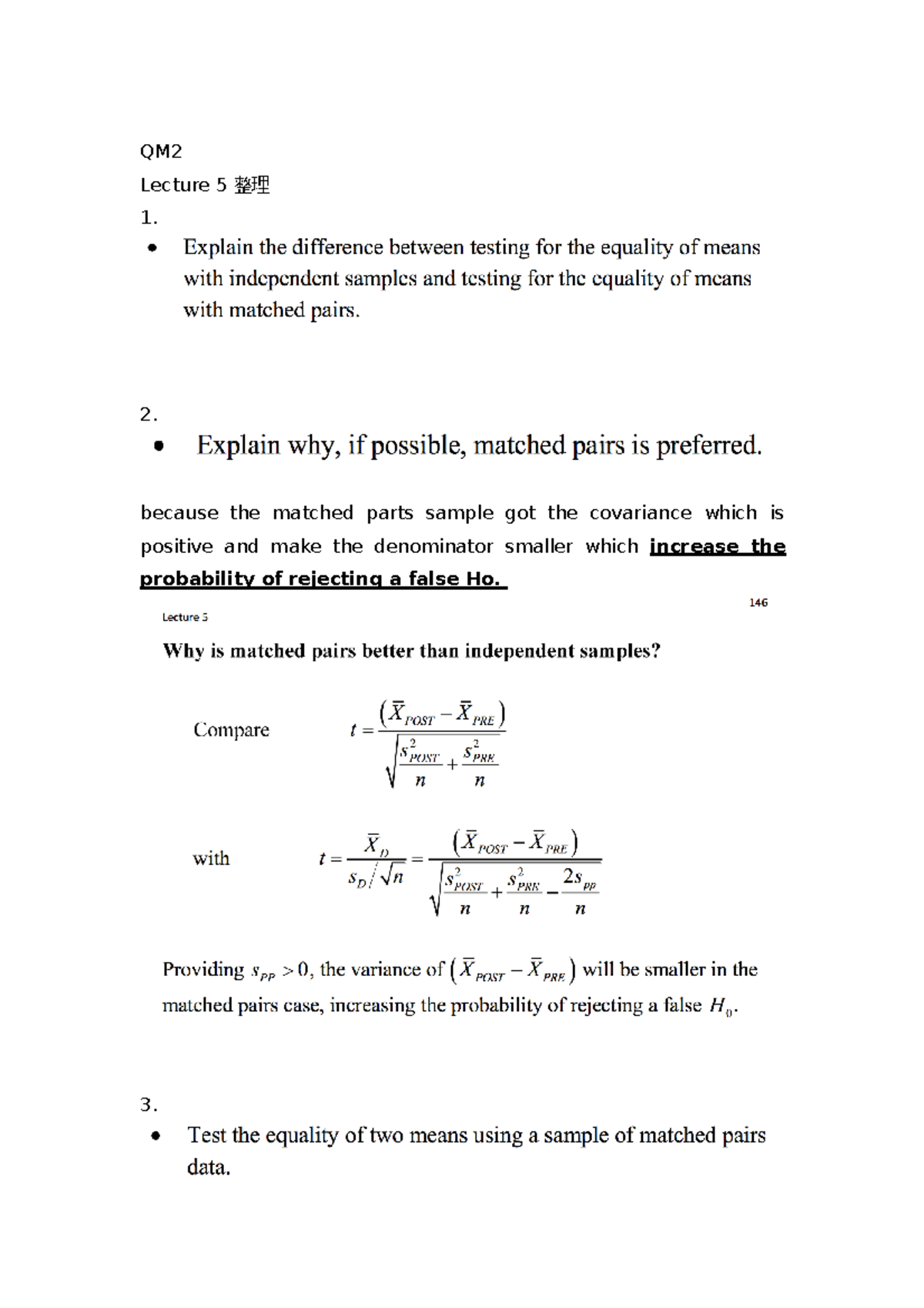 Lecture 5 - Summary - ECON20003 - QM2 Lecture 5 1. 2. because the matched parts sample got the ...