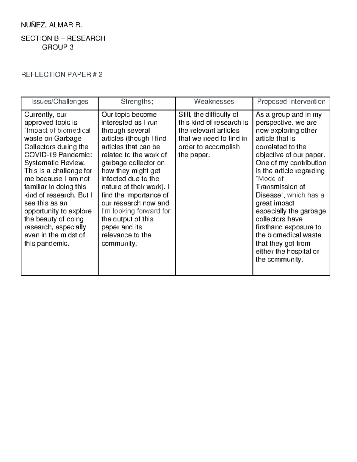 Reflection Paper Answer for Question 2 - NUÑEZ, ALMAR R. SECTION B ...