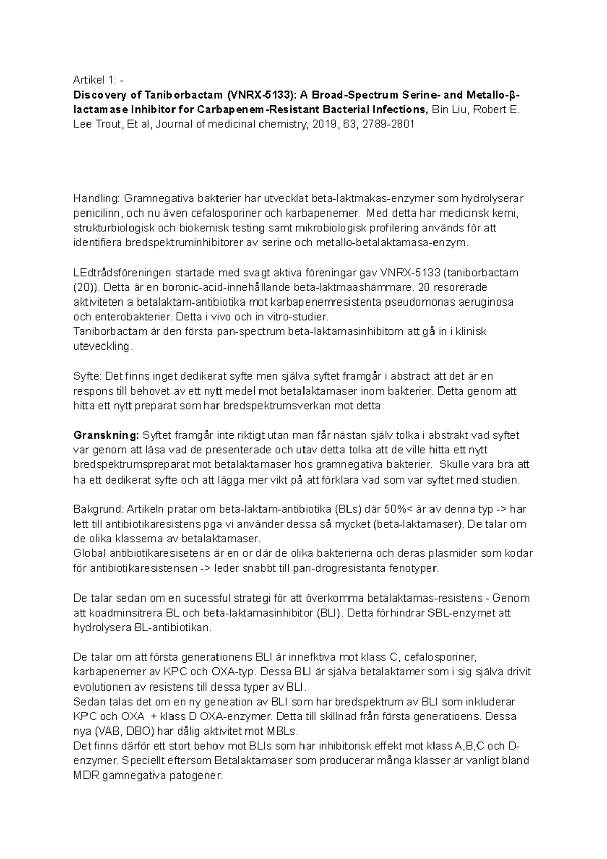 PUFF 4 texter - Lecutre notes - Artikel 1: - Discovery of Taniborbactam ...