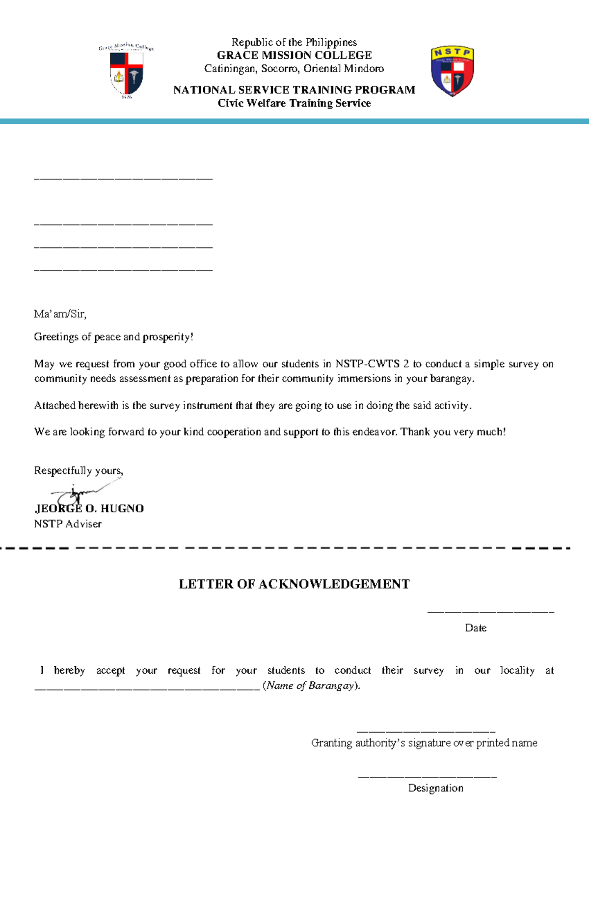 Letter of Intent to BRGY - Republic of the Philippines GRACE MISSION ...