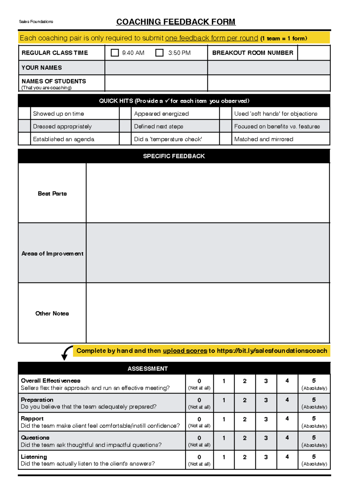 Coaching-Feedback-Form - COACHING FEEDBACK FORM Sales Foundations Each ...