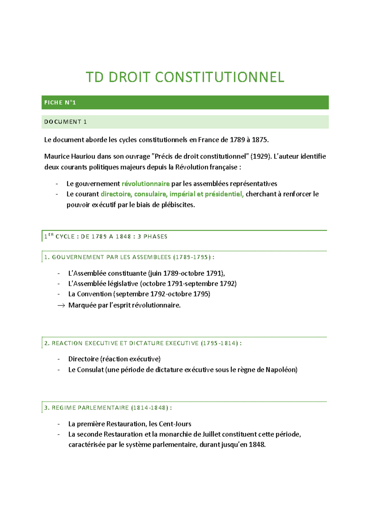 TD - droit constit - TD DROIT CONSTITUTIONNEL FICHE N° DOCUMENT 1 Le document aborde les cycles ...