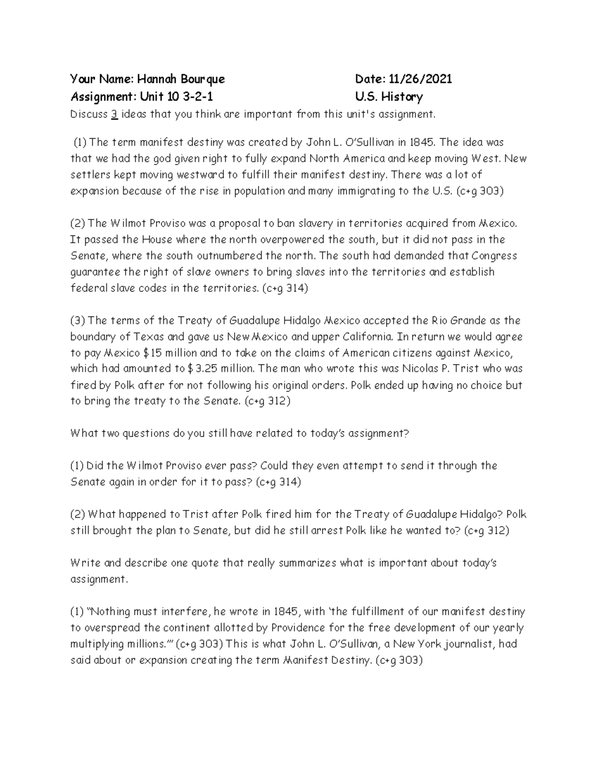 Unit 10 3-2-1 - U.S. History 3-2-1 assignment - Your Name: Hannah Bourque Date: 11/26 ...