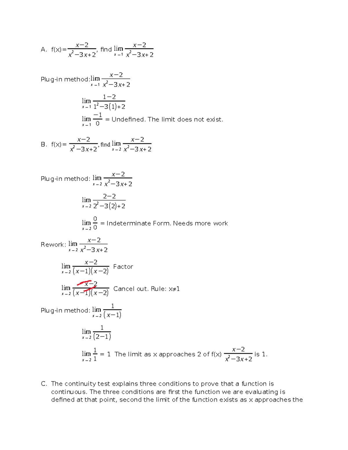 Task 1 - Limits and Continuity - A. f(x)= x− 2 x 2 − 3 x + 2 , find lim ...