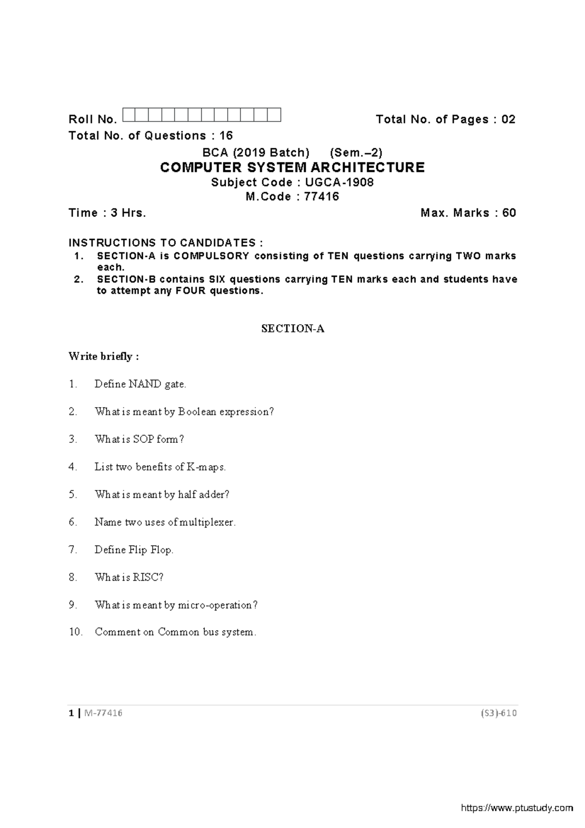 Bca 2 Sem Computer System Architecture 77416 Dec 2020 1 M 77416 S3 610 Roll No Total No 5855