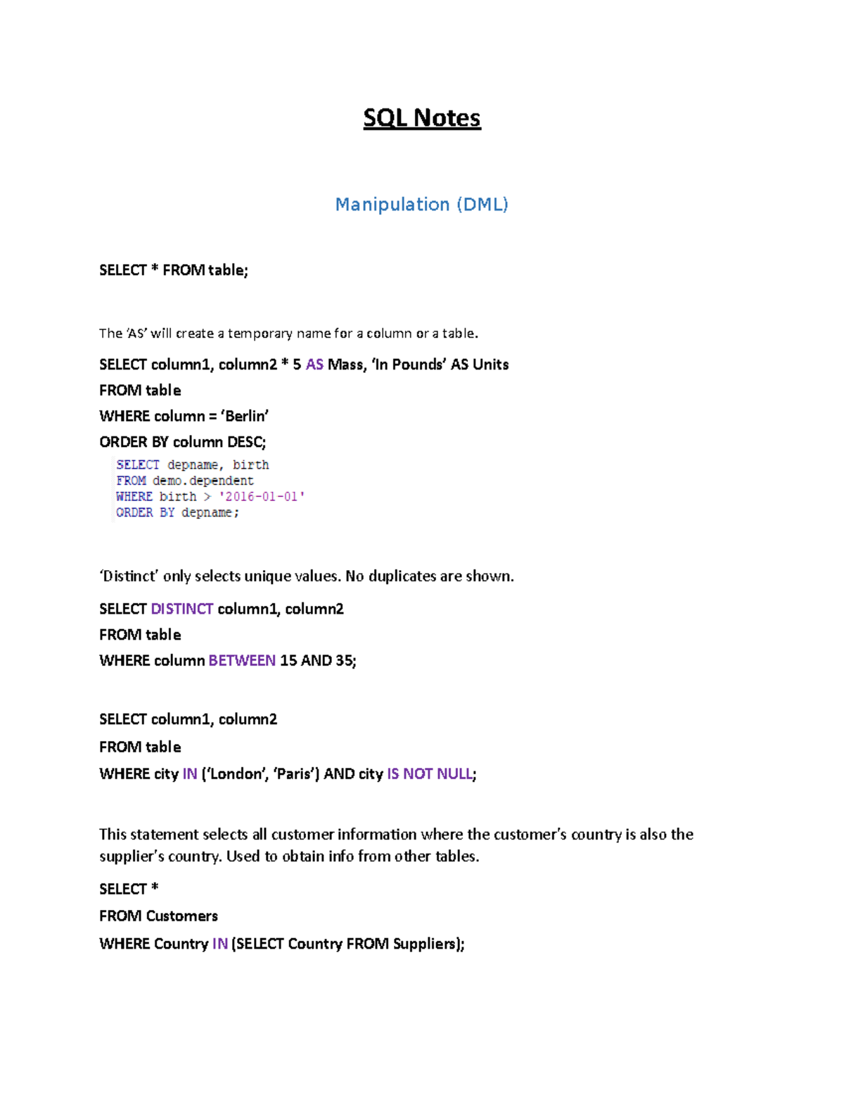 Basic and Intermediate SQL Notes - SQL Notes Manipulation (DML) SELECT ...