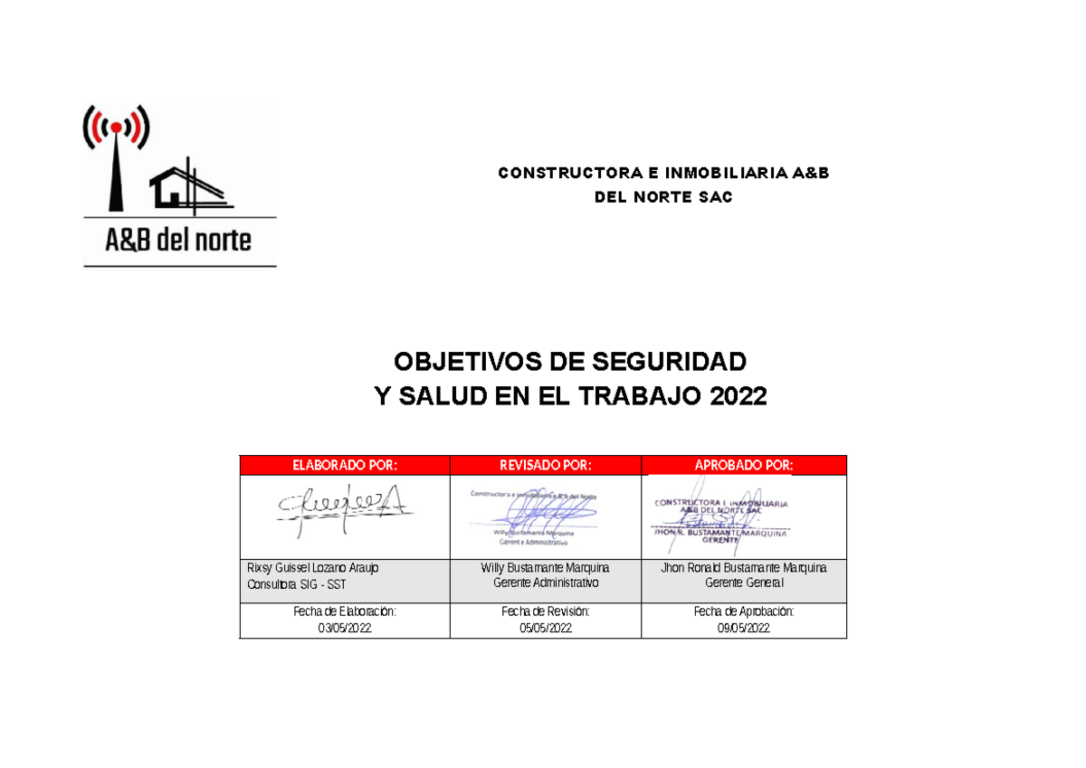 53 Objetivos y metas de la SST A&B - OBJETIVOS DE SEGURIDAD Y SALUD EN ...