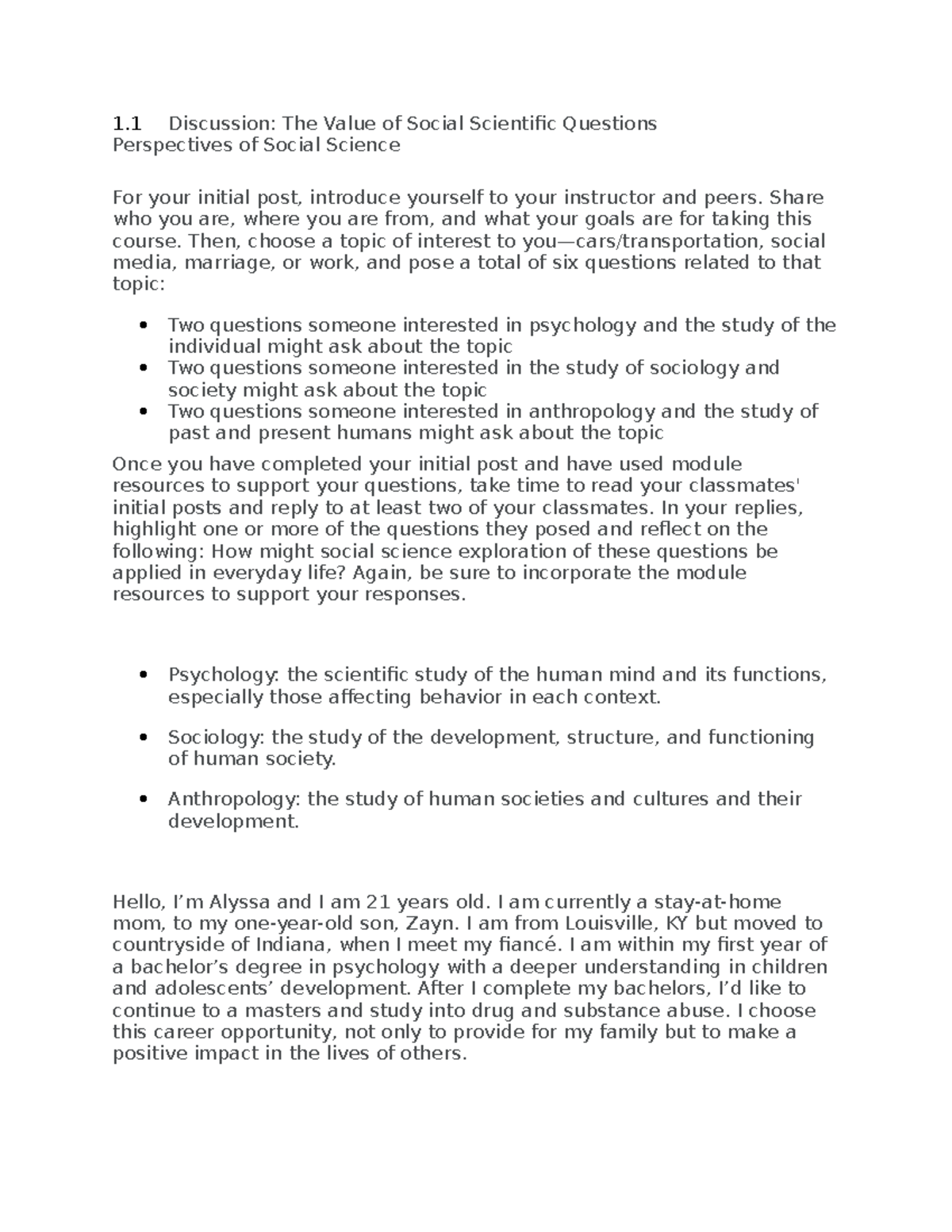 1.1 Discussion Perspectives of Social Science - 1 Discussion: The Value ...