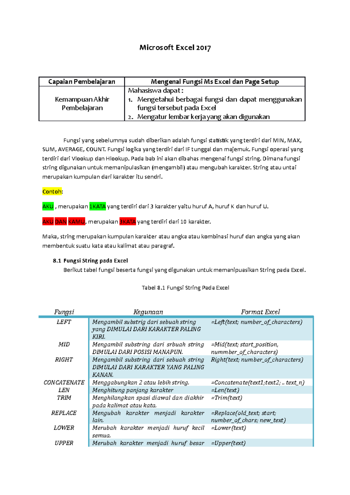 Aplikom -Fungsi String Excel - Microsoft Excel 2017 Capaian ...