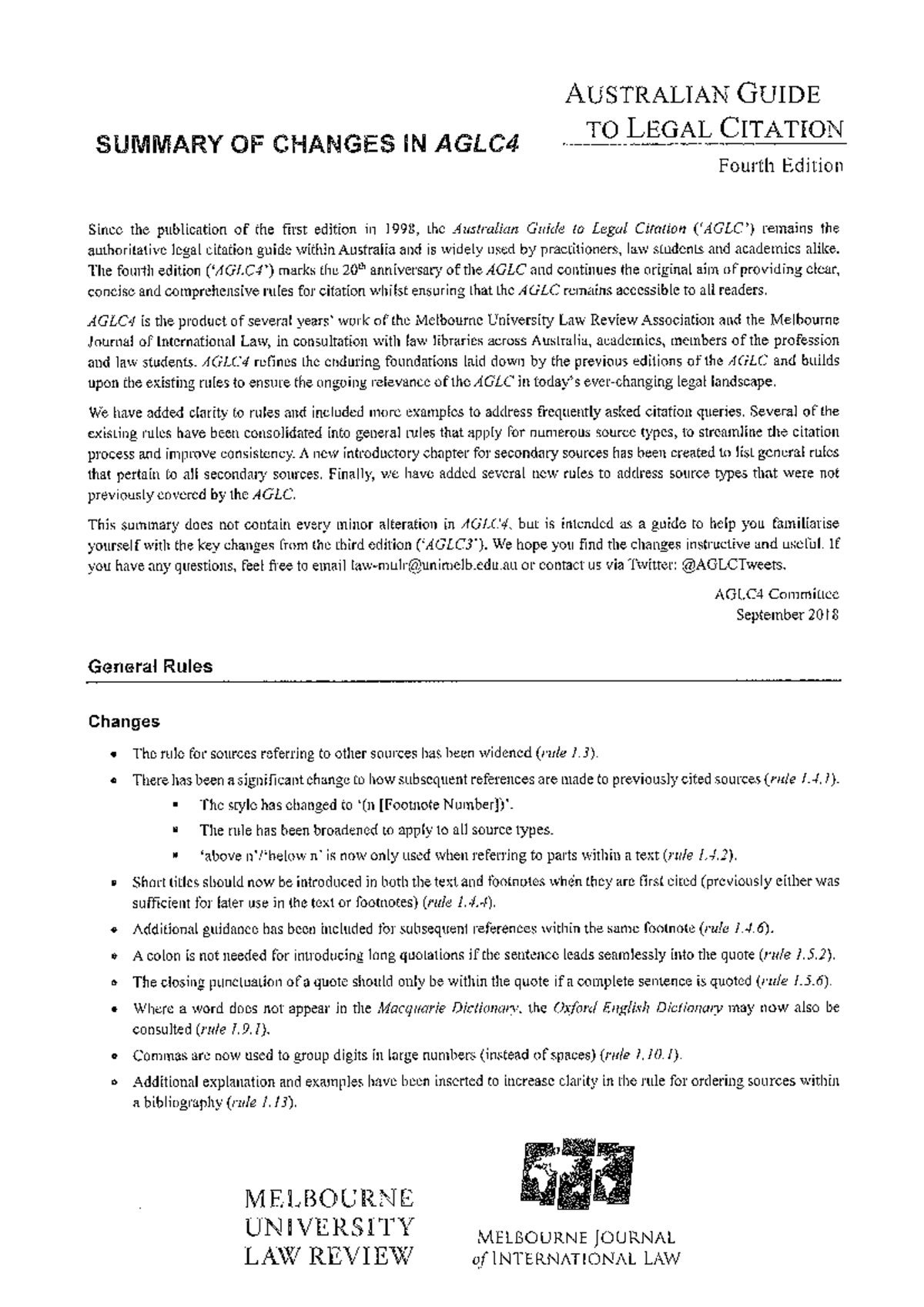 AGLC4Summaryof Changes 2018 - LAWS399 - Studocu