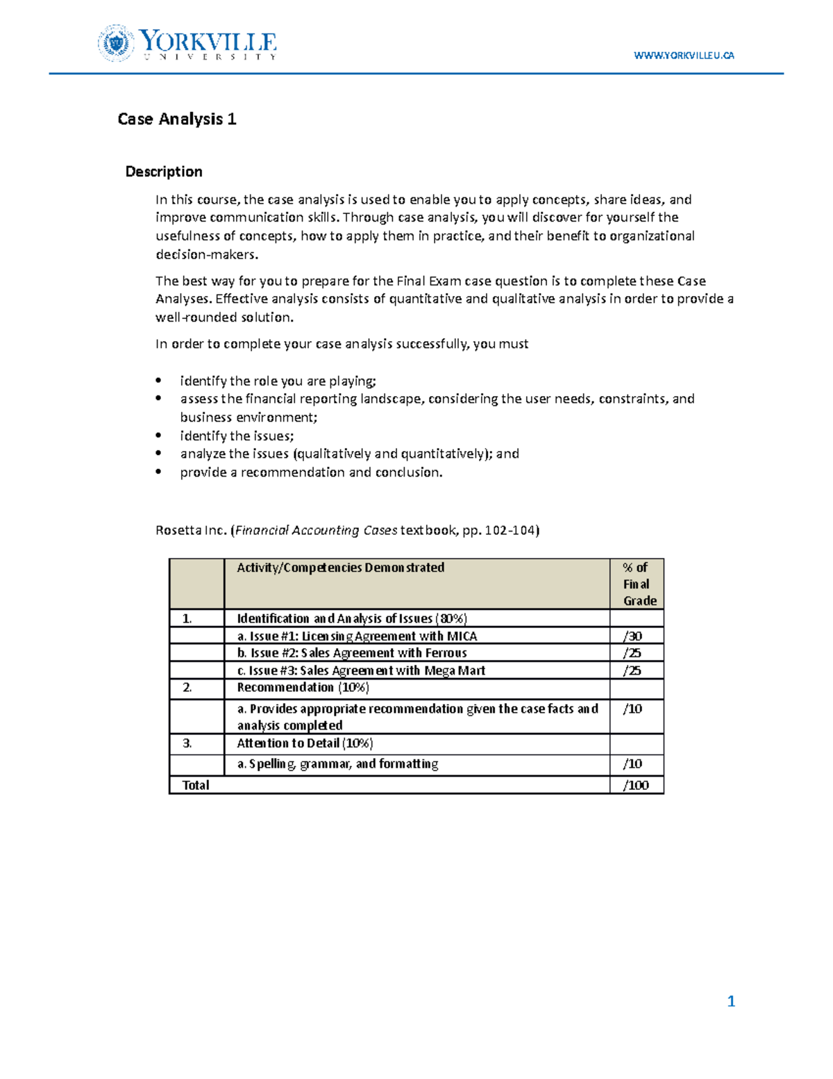 Case Analysis 1 - WWW.YORKVILLEU Case Analysis 1 Description In this course, the case analysis ...