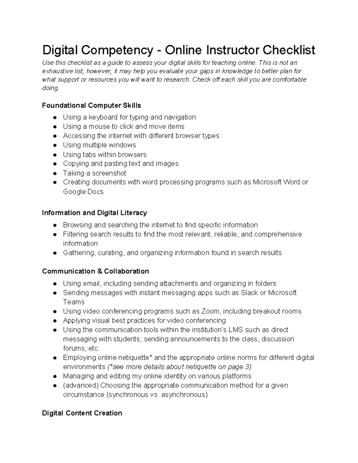 Digital Competency - Online Instructor Checklist - This is not an ...