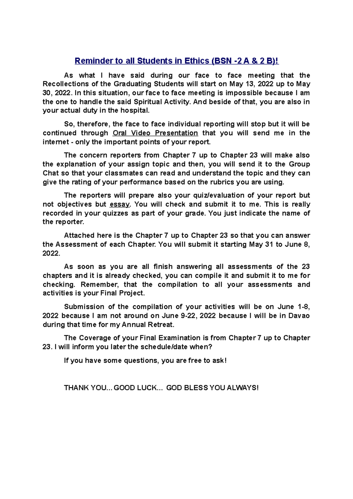 Instructions Ethics BSN 2 A 2 B - Reminder to all Students in Ethics ...