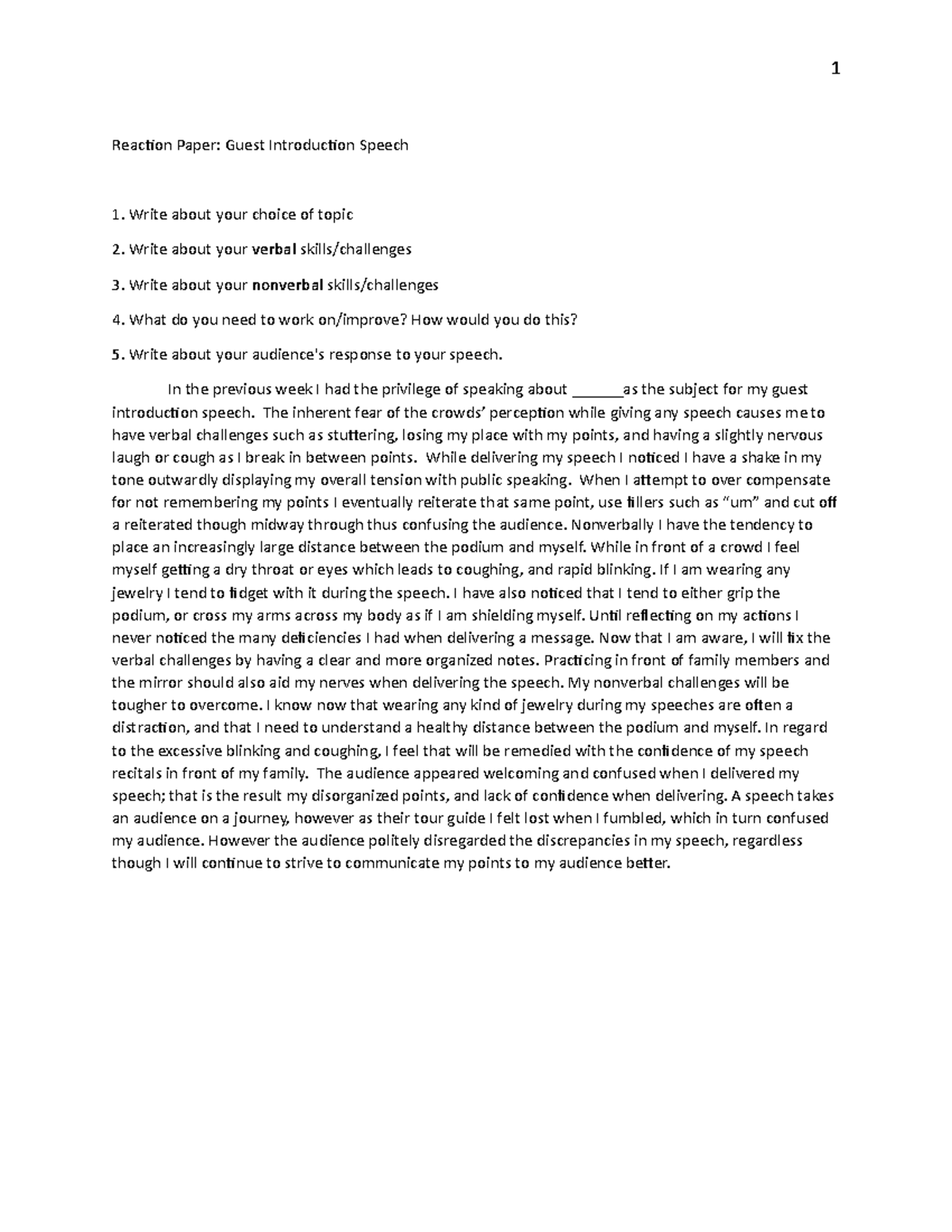 Reaction Paper For Multiple Speeches 1 Reaction Paper Guest