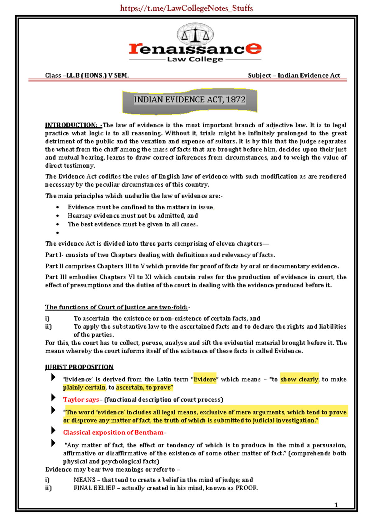 Indian Evidence Act Renaissance Law College Notes - Class – LL (HONS ...