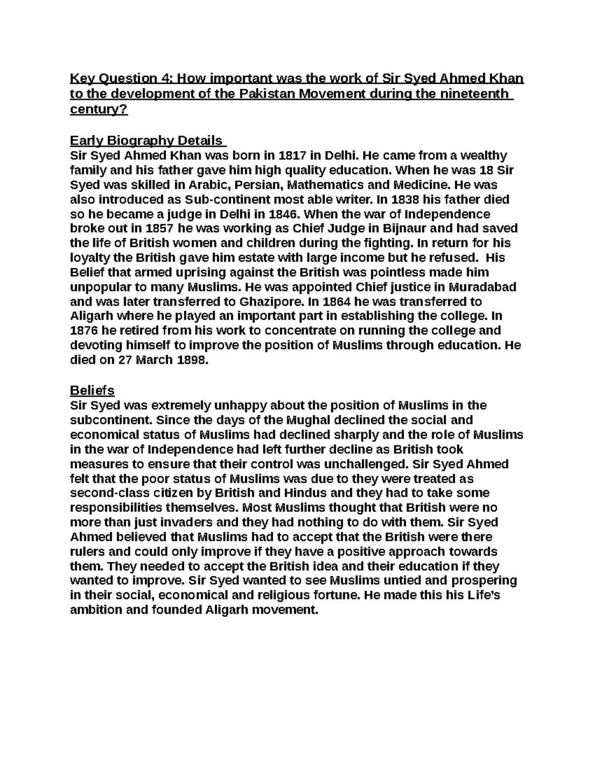 NOH6nw K2.pdf 1.pdf 1 - yfiv - Key Question 4: How important was the work of Sir Syed Ahmed Khan ...
