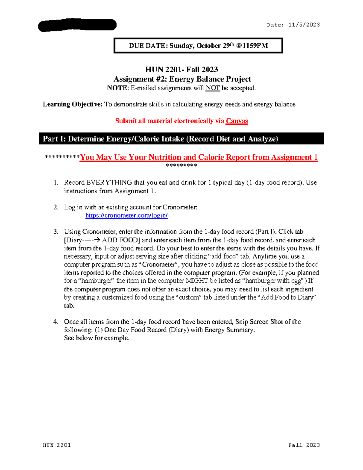 HUN 2201 Assignment 2 Energy Balance - HUN 2201- Fall 2023 Assignment #2: Energy Balance Project ...