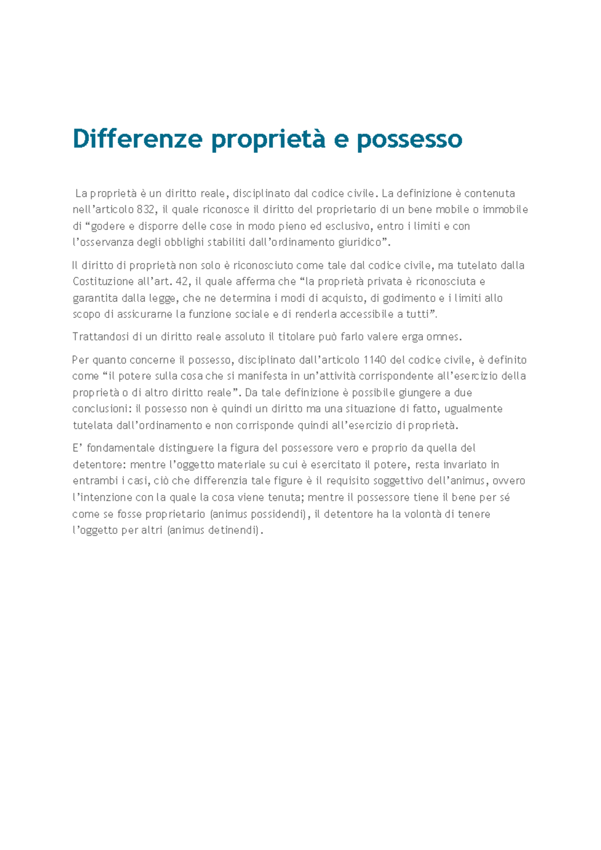 Differenze proprietà e possesso - La definizione è contenuta nell ...