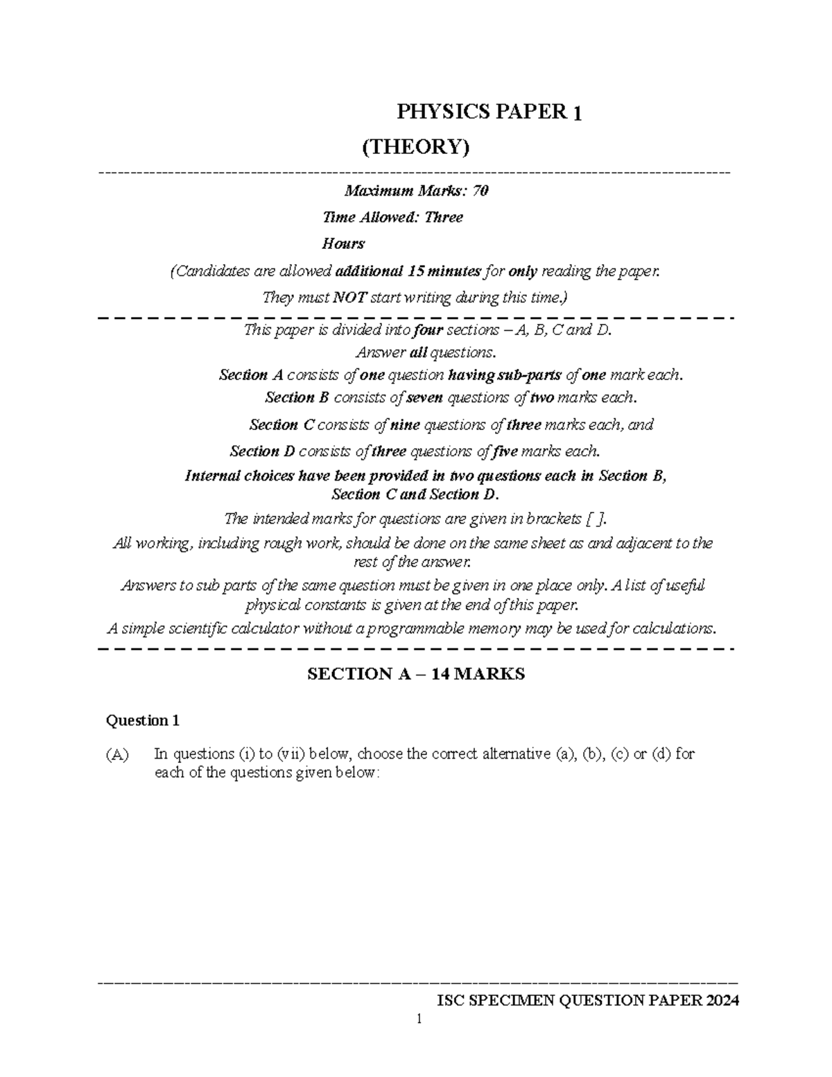 861- Physics- Paper-1- Specimen- Paper-1 - ISC SPECIMEN QUESTION PAPER ...