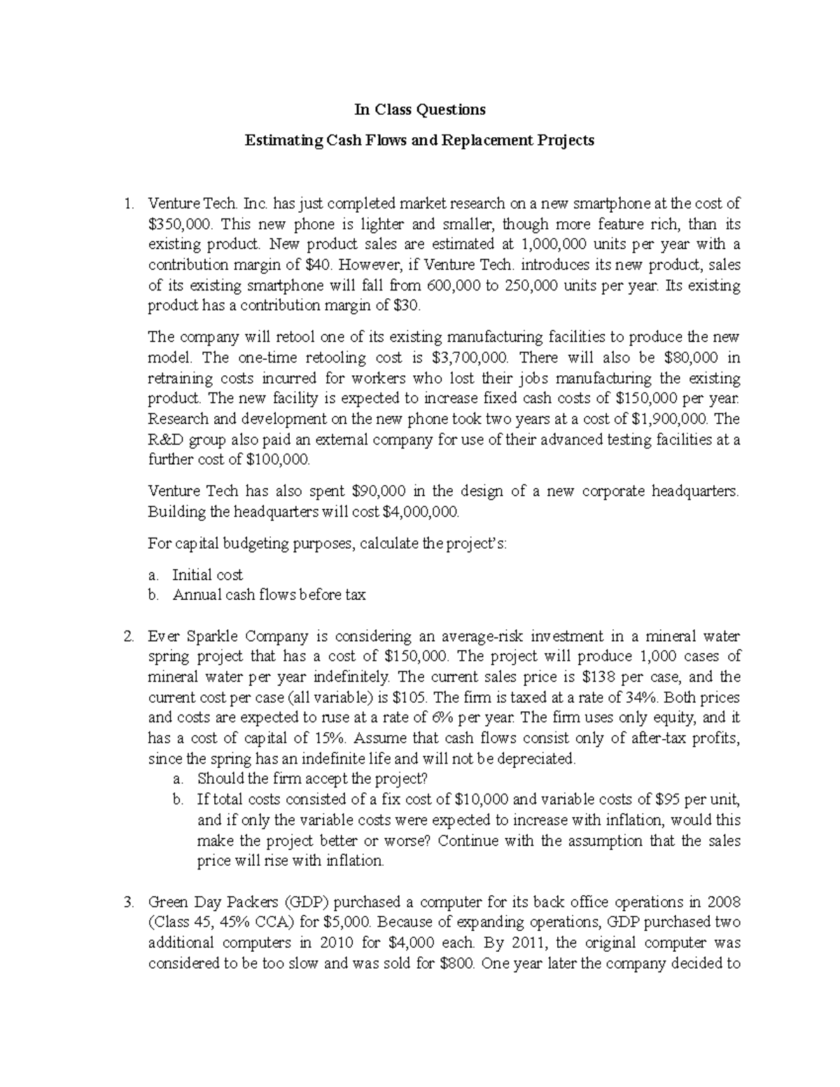Inclass Questions 1 - In Class Questions Estimating Cash Flows and ...