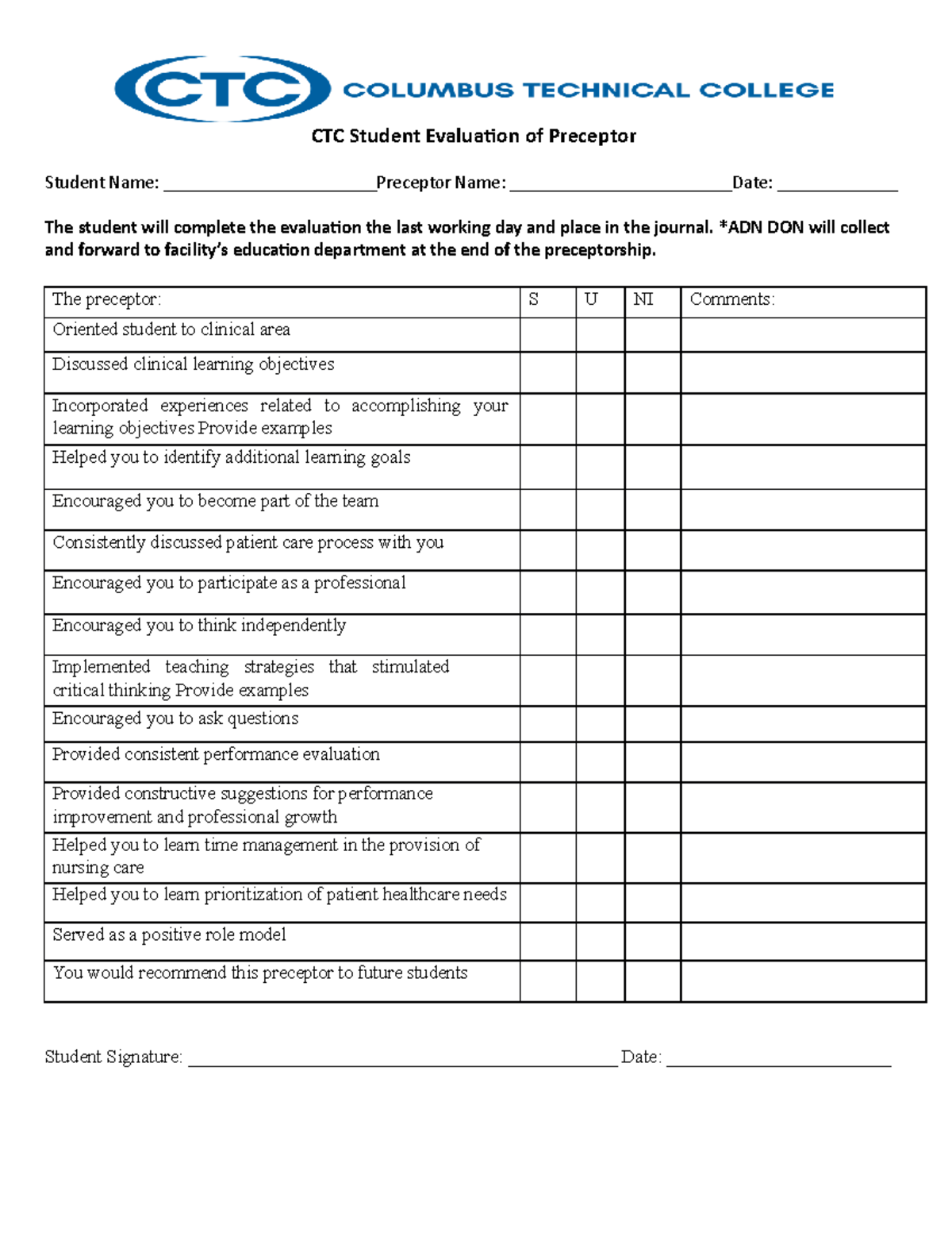 CTC Student Evaluation of Preceptor - CTC Student Evaluation of ...