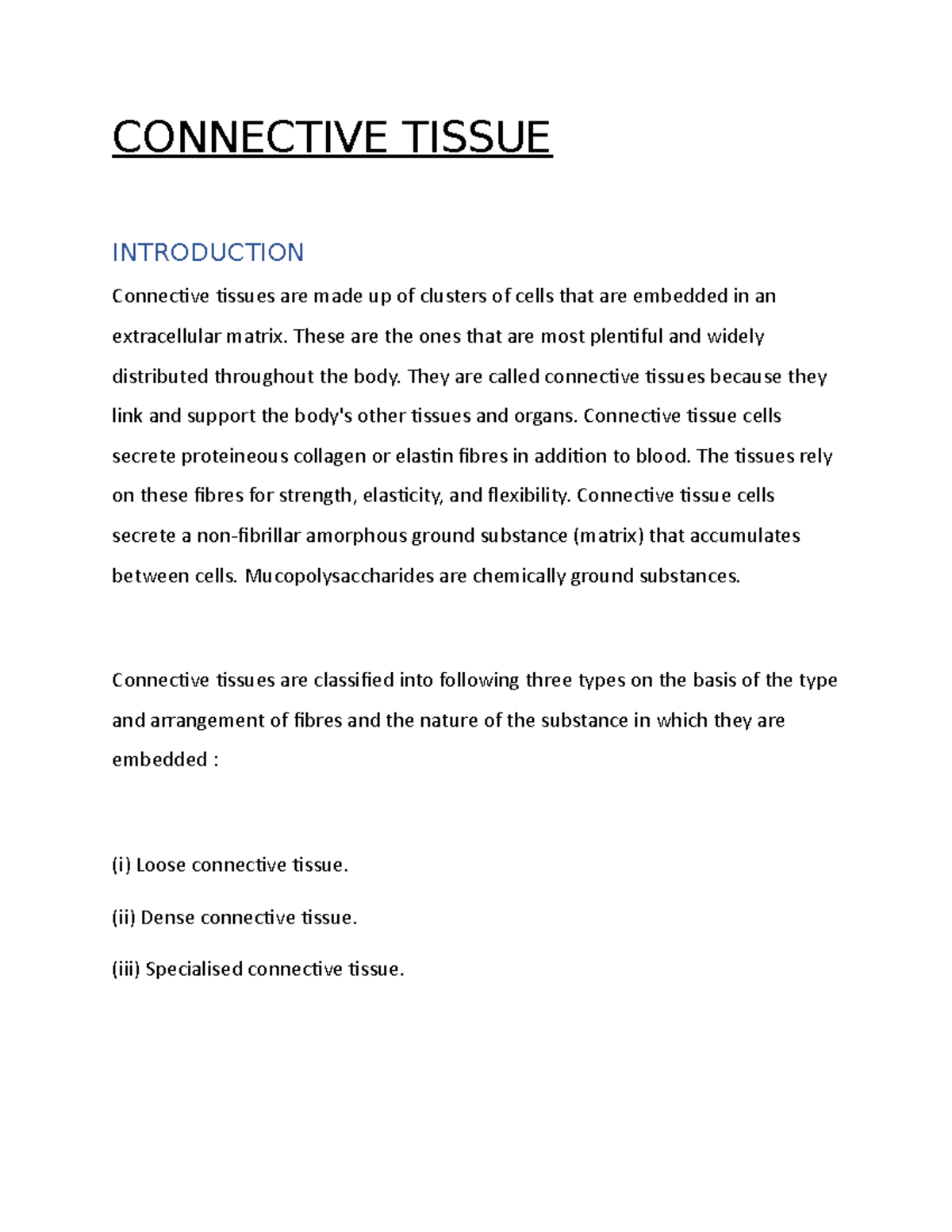 Brief NOTE ON Connective Tissue - CONNECTIVE TISSUE INTRODUCTION ...