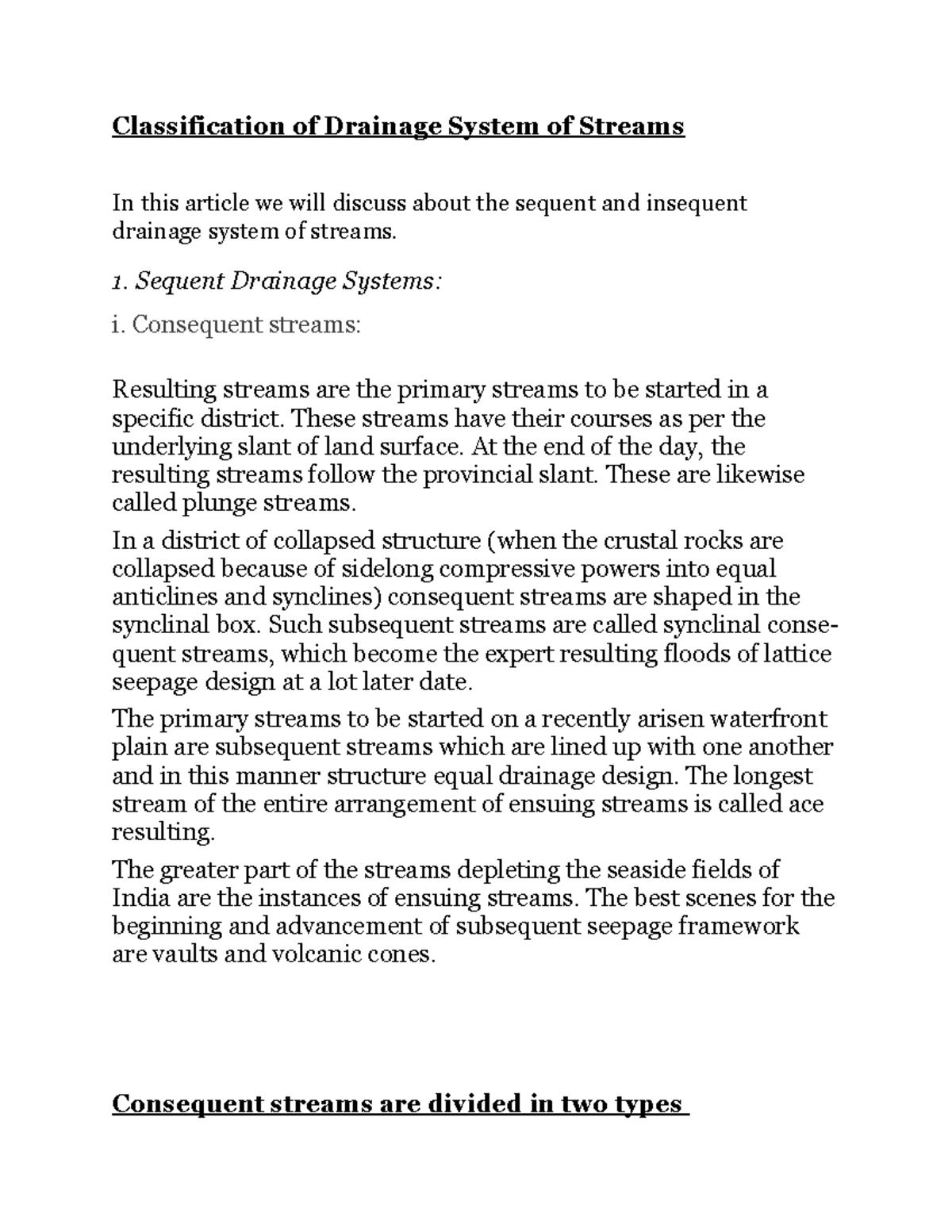 Classification of Drainage System - 1. Sequent Drainage Systems: i ...