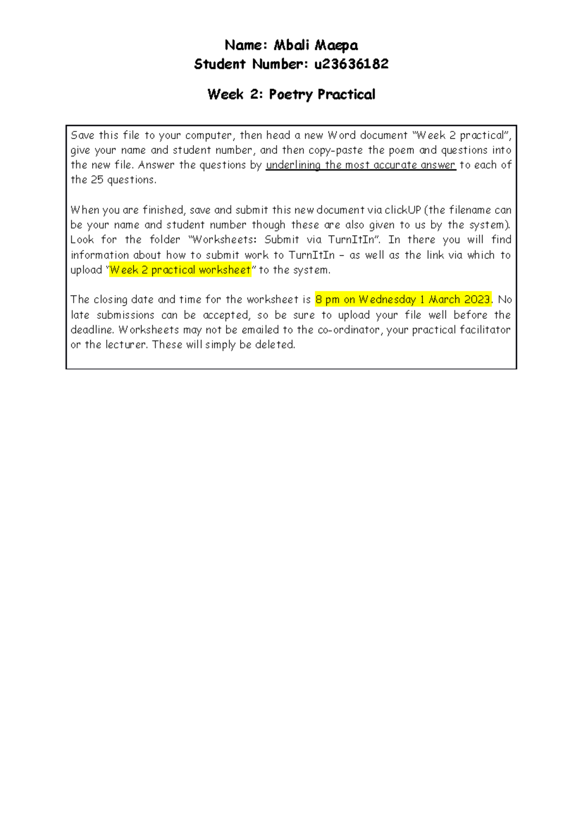 Week 2 Poetry Practical - Student Number: u Week 2: Poetry Practical ...