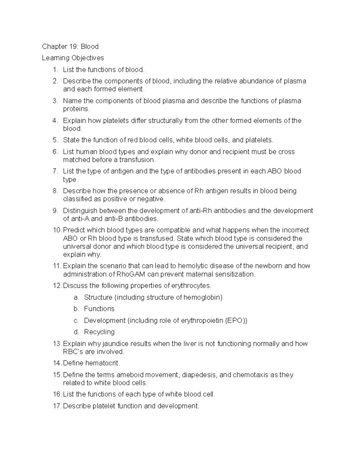 Chapter 19 Blood - Chapter 19: Blood Learning Objectives 1. List the ...