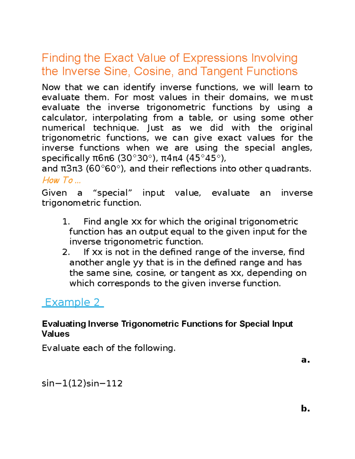 7-1 Reading and Participation Activities Inverse Trigonometric ...